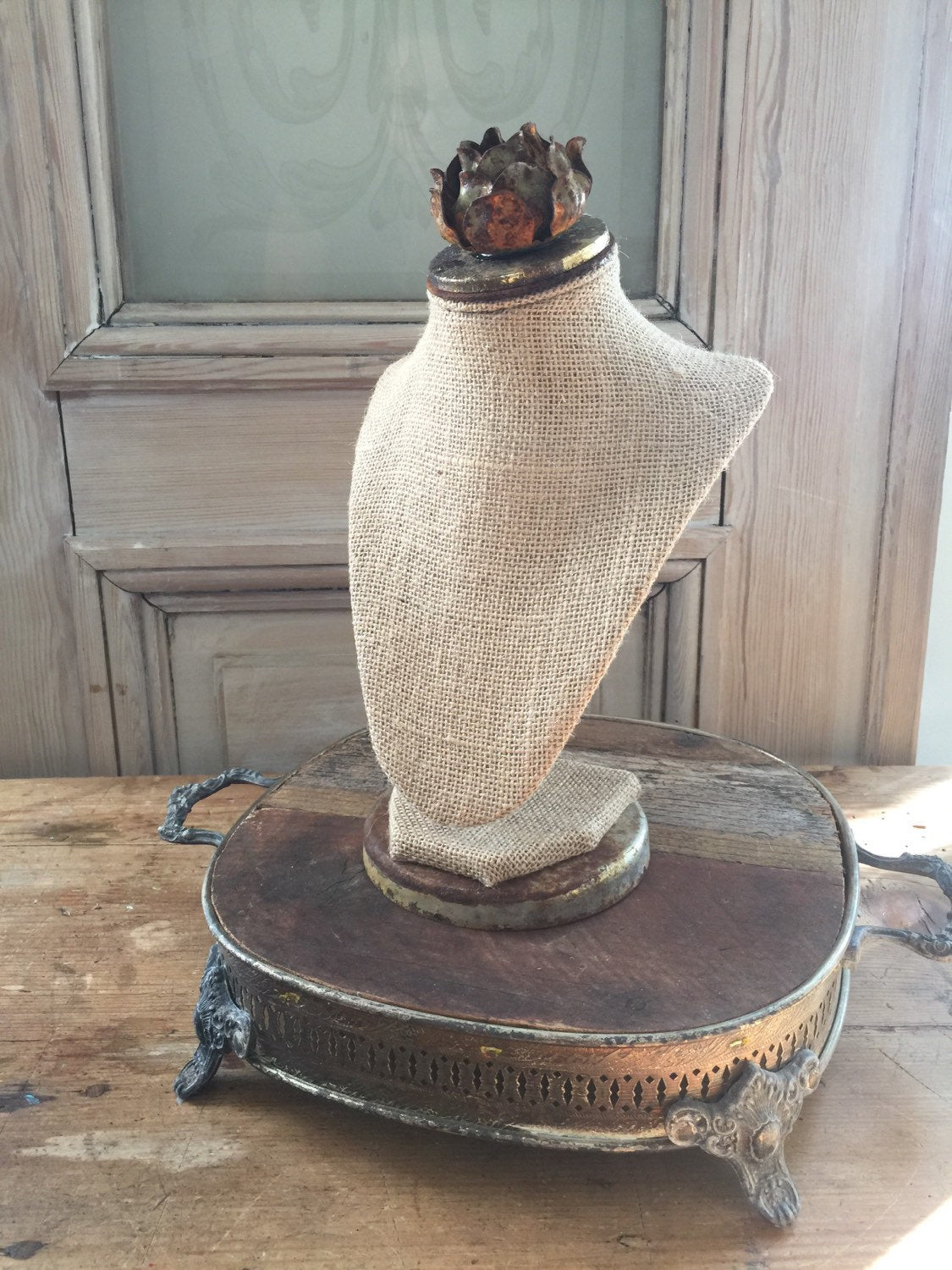 Linen bust jewelry holder with vintage rose crowning the top – Faded ...