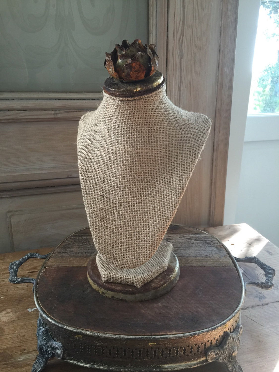 Linen bust jewelry holder with vintage rose crowning the top – Faded ...